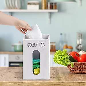 Farmhouse Wooden Grocery Plastic Bag Holder and Dispenser, Wall Mount Plastic Bag Holder with Extra-Wide & Easy-Access Openings, Garbage Bag Dispenser Anti-Fingerprint Rustic White Finish Bags Saver