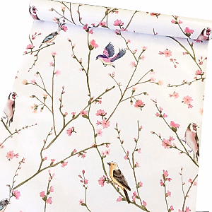 Self Adhesive Vinyl Vintage Floral Birds Shelf Liner Contact Paper for Cabinets Dresser Drawer Furniture Walls Decal 17.7X117 Inches