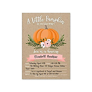 25 Pumpkin Pink Baby Shower Invitations, Sprinkle Invite For Girl, Coed Rustic Gender Reveal Theme, Cute Kraft Floral DIY Fill or Write In Blank Printable Card, Greenery Blush Rose Party Supplies