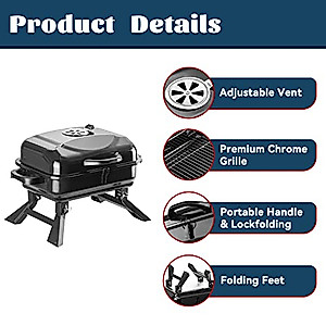 Saemoza 16 in Charcoal Grill Tabletop BBQ Grill, Portable Folding Outdoor Cooking and Smoker for BBQ Camping Patio, Black