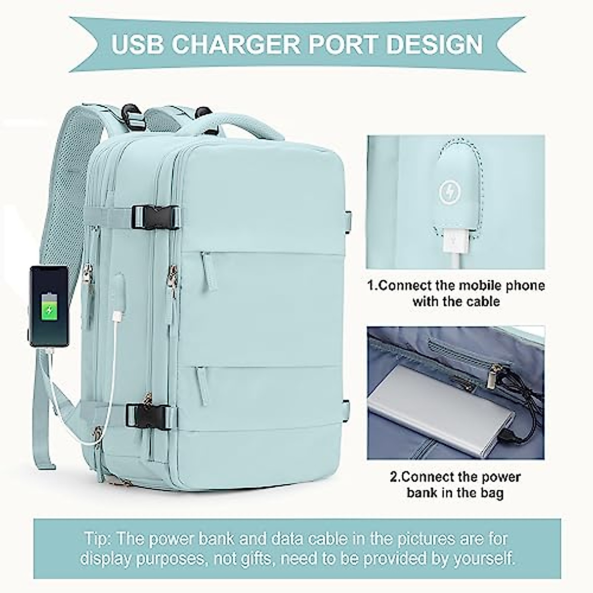 Large Travel Backpack For Women Men, Carry On Backpack,Hiking Backpack Waterproof Outdoor Sports Rucksack Casual Daypack Fit 15.6 Inch Laptop with USB Charging Port Shoes Compartment(Blue Expansion)