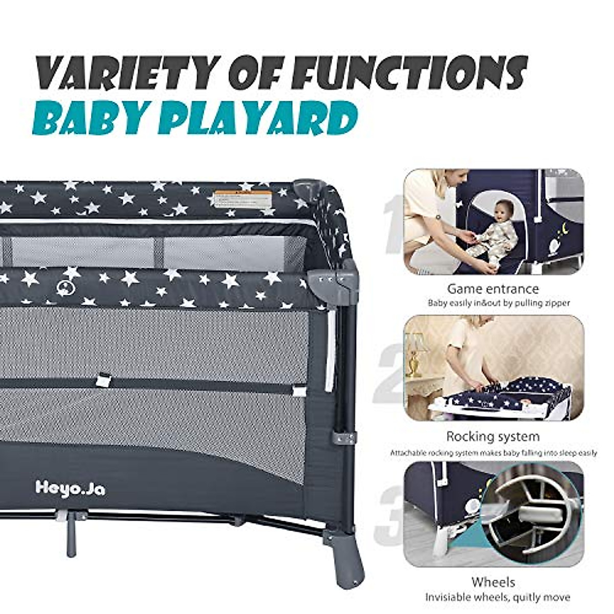 Heyo.Ja Portable Baby Playard, 4 in 1 Pack and Play, Baby Bedside Sleeper with Bassinet, Changing Table, Foldable Bassinet Bed with Luxury Mosquito Net for Boys Girls Infant(Gray)