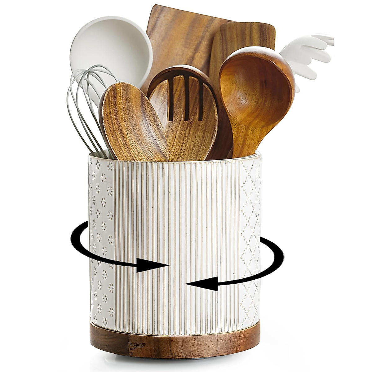 getstar 360° Rotating Kitchen Utensil Holder, Large Ceramic Cooking Utensil Holder for Kitchen Counter with Rotatable and Detachable Wooden Base