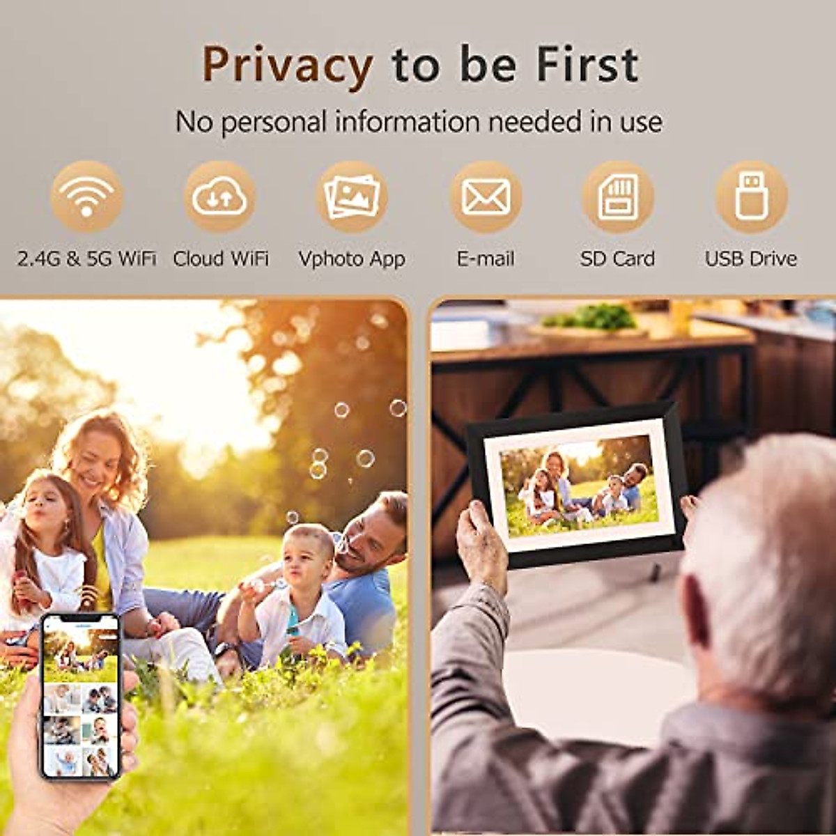 Digital Picture Frame - Benibela 10.1 Inch 2.4G/5G Dual WiFi FHD 1920 * 1200 AI Smart Electronic Photo Frame, Touch Screen, 32GB, AI Recognition, 2 Filter, Slideshow, Share Video via Email App USB