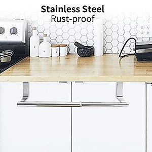Qflushor Expandable Over Cabinet Towel Bar, 9"-14" Cabinet Door Towel Holder Adjustable, Kitchen Over Cupboard Door Towel Holder, Stainless Steel Dish Towel Holder for Cabinet Door, Silver, 2 Pack