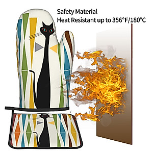 JEKYDOSD Print Mid-Century Modern Art Cat Oven Mitts and Pot Holders Sets Resistant Hot Pads with Polyester Non-Slip Gloves for Kitchen,Cooking,Baking,Grilling