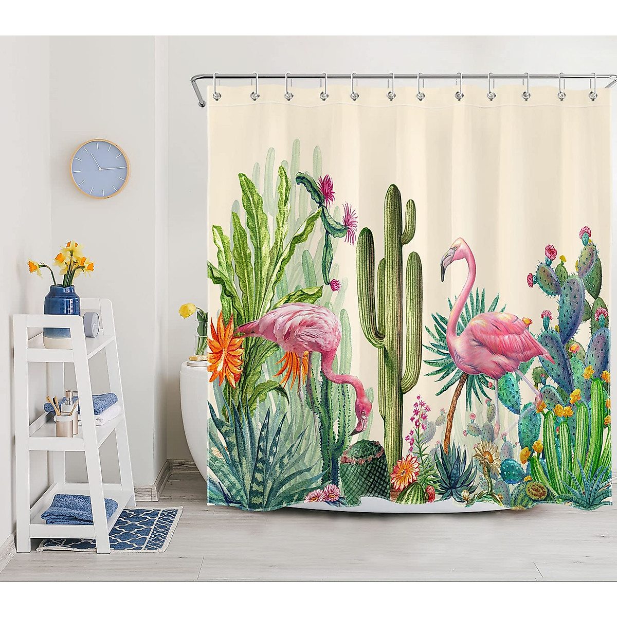 HVEST Cactus Flamingo Shower Curtain for Bathroom, Tropical Green Succulent and Pink Flamingo on Beige Shower Curtain with Hooks, 72X72 inches Sage Green Plant Polyester Fabric Bathroom Curtain