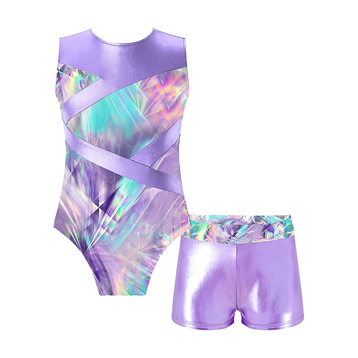 Nikiikoo Kids Girls Sparkly Gymnastics Leotards with Shorts Outfits Ballet Dance Biketard Gym Clothes Swimwear Lavender 12 Years