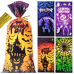 HiloPack Halloween Treat Bags for Candy, 50Pcs Halloween Goodie Bags with Twist Ties, Halloween Candy Bags Gift Bags for Kids Halloween Trick or Treat Party Supplies, Hallowen Favors Bag Decor (Goody)