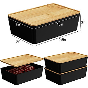 CHANCETSUI Stackable Storage Bins lids For Work: 7X10 Black Storage bins, Office Desk Accessories Storage Containers with Lids, Stackable Bins for Home and Office Organization, bamboo Lid, 2 Pack