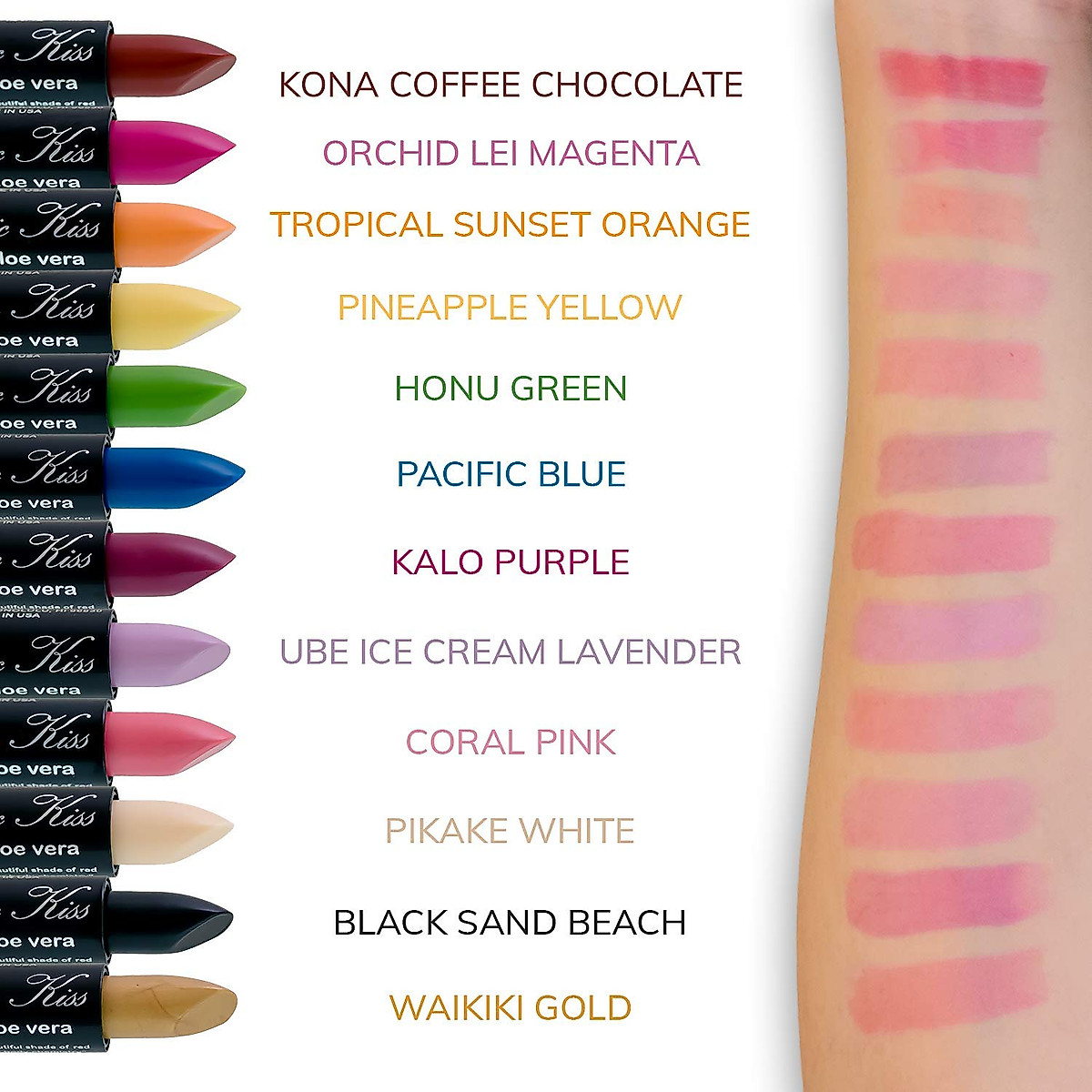 Magic Kiss Pack of 12 Color Changing Aloe Vera Lipstick Set Made in USA (Colors of Aloha 03)