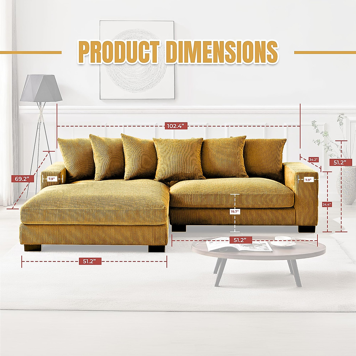 Container Furniture Direct Luxe Oversized Two-Piece Sectional Couches for Living Room, 102.4-Inch L Shaped Sofa with Chaise, Upholstered with Corduroy Fabric, Ginger Yellow -Left Facing