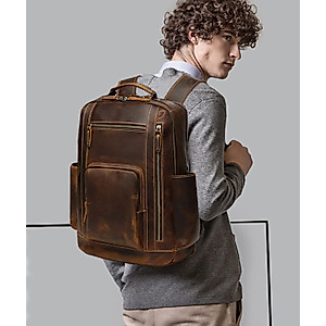 LANNSYNE Men's Vintage Full Grain Leather Backpack for 16" Laptop Travel Hiking Camping Rucksack