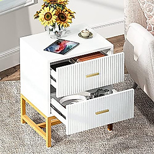 Tribesigns 2-Drawer Nightstand Set of 2, Modern Striped Night Stands Bed Side Table with Storage, White and Gold End Table Wood Metal Side Table for Living Room, Bedroom