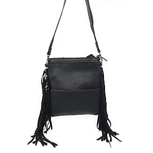 Western Genuine Tool Leather Cowhide Cow Fur Fringe Womens Crossbody Bag in 3 Colors (Black)