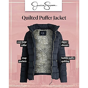 Jessica Simpson Women's Winter Jacket - Packable Quilted Puffer Jacket, Leopard Print Fleece Lining - Outerwear Coat (S-XL), Size Large, Black