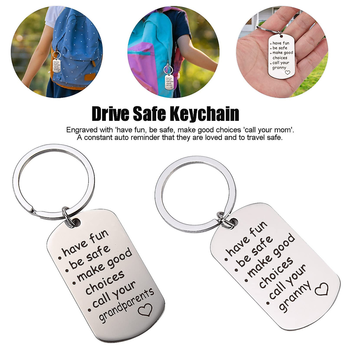 LIBOOI Drive Safe Keychain, Have Fun Be Safe Make Good Choices Stainless Steel Keychain Christmas Birthday Gifts