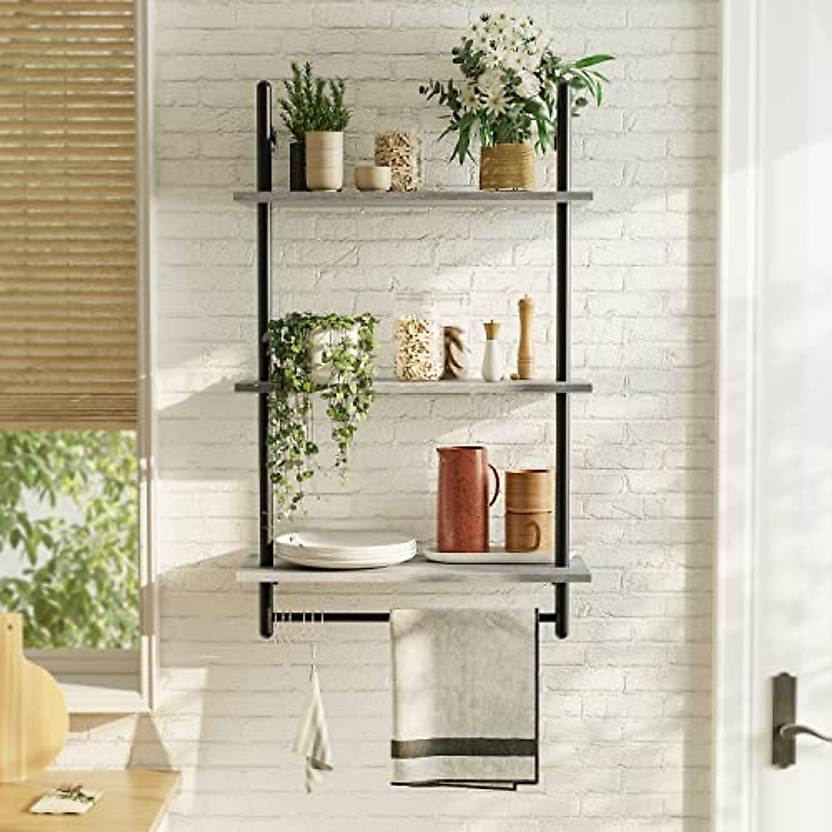 Bestier Floating Shelves, Storage Hanging Shelves for Wall Decor with Towel Bar and Hooks for Living Room Kitchen Coffee Bar, Grey
