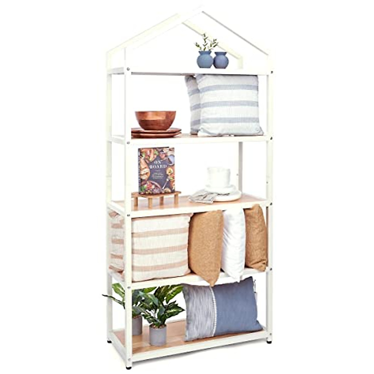Displays2go 5-Tier Home or Retail Shelving Unit, Wrought Iron Frame, Open Back, Triangle Top Design - Ivory