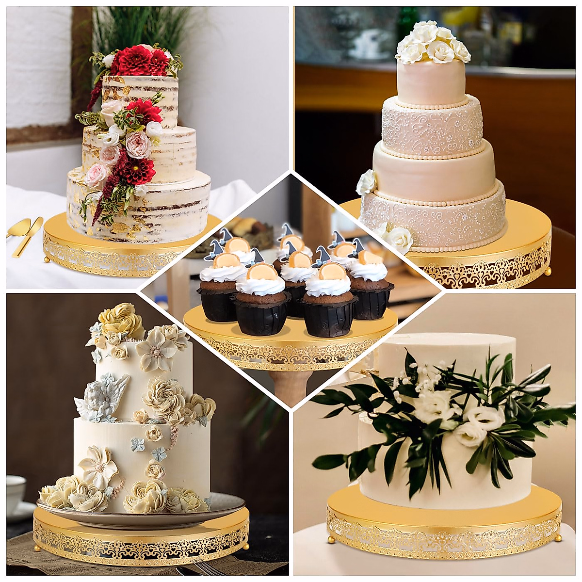 ALEXPRE 16" Cake Stand, Round Metal Large Cake Stand Dessert Display Stand Lace Wedding Cake Stand with Cake Cutting Set for Brithday Party Celebration Baby Shower Dessert Cupcake Display Plates(Gold)