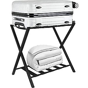 Heavy Duty Luggage Rack Folding Metal Suitcase Luggage Stand with Storage Shelf-2 Tiers, Black