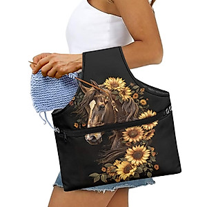 doginthehole Sunflowers Horse Knitting Bag with Front Zipper Pocket, Animals Print Yarn Bag for Crocheting On The Go Crochet Bag Large Size