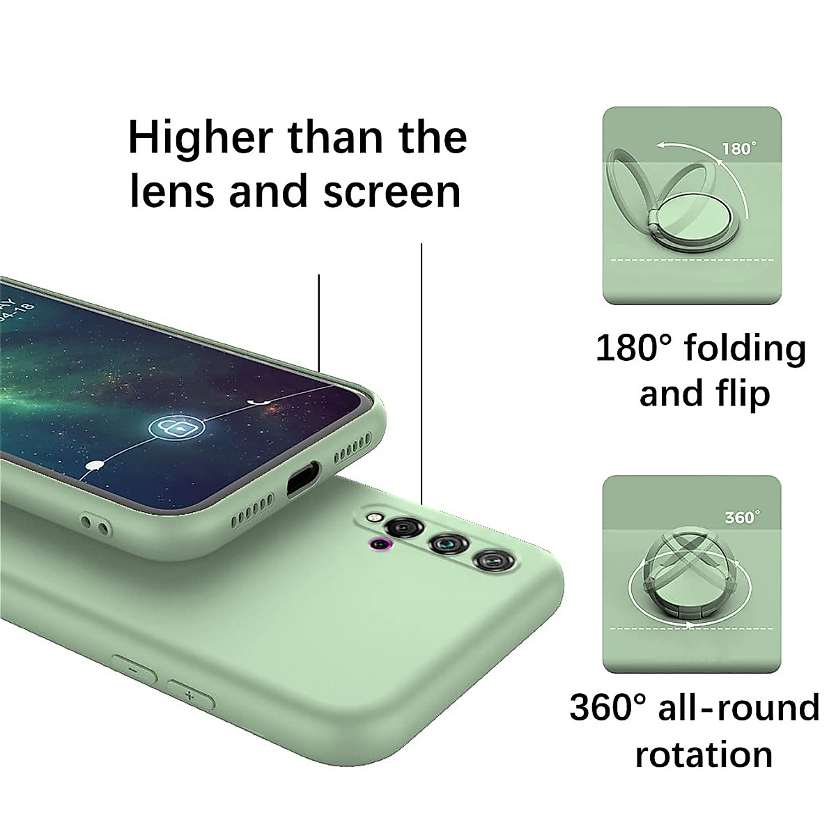 Compatible with Huawei Nova 5T Case Silicone Cute Shockproof Anti-Scratch Huawei Nova 5T Phone Case with Ring Kickstand Full Body Protection Cases for Women (Green)