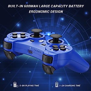 OKHAHA Controller 2 Pack for PS3 Wireless Controller for Sony Playstation 3, Double Shock 3, Bluetooth, Rechargeable, Motion Sensor, Remote for PS3 (No Stripes(Black + Blue))