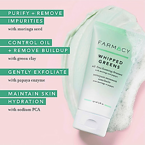 Farmacy Foaming Face Wash for Oily Skin - Whipped Greens Oil-Free Gentle Facial Cleanser + Exfoliator - Infused with Green Clay to Remove Impurities, Control Oil + Maintain Skin Hydration (150ml)