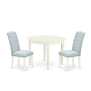 East West Furniture BOCE3-WHI-15 3 Piece Dining Table Set for Small Spaces Contains a Round Kitchen Table and 2 Baby Blue Linen Fabric Parson Dining Room Chairs, 42x42 Inch, Linen White