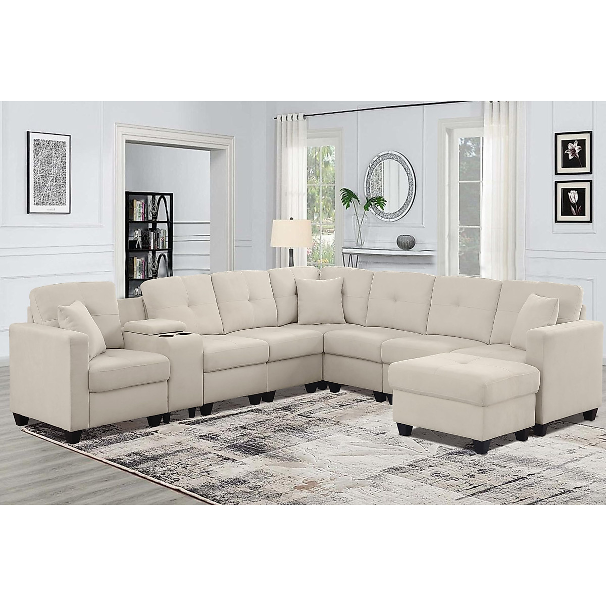 Ball & Cast 127" Convertible Sectional Sofa Couch with Removable Ottoman and Cup Holder,6 Seat Modular Living Room Furniture Sets with 2 Pillows & USB Port,for Lounge,Apartment,Beige