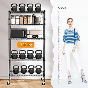 YNN Wire Shelving,1750Lbs Capacity 5 Tier Heavy Duty NSF Wire Shelf with Rolling Wheels Black Metal Storage Shelves Adjustable Wire Rack Unit 36" W x 14" D x 72" H for Kitchen Bathroom Garage Closet