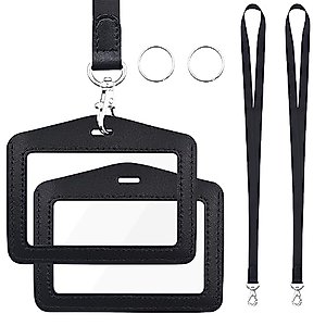 BOKOVNGEE 2pack badge holder with nylon lanyard and key ring, Horizontal cowhide ID badge holder with Double sided transparent window for Office worker，Teachers，Students, Workers，Medical staff