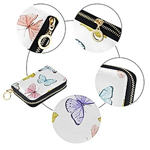 Seamless Watercolor Pink Purple Turquoise Gold Butterflies on White Grey Credit Card Coin wallet, RFID Blocking Compact Women Leather Card Holder, Key Change Organizer, Zipper Purse Clutch Pouch