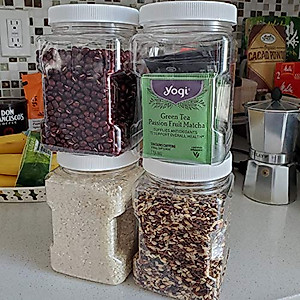 Kelkaa 32oz Clear PET Plastic Square Wide Mouth Jars with Grip Handle and White Ribbed Lined Caps, BPA Free, Multi-Use Empty Containers, Household Dried Food Canisters, Made in the USA (Pack of 4)