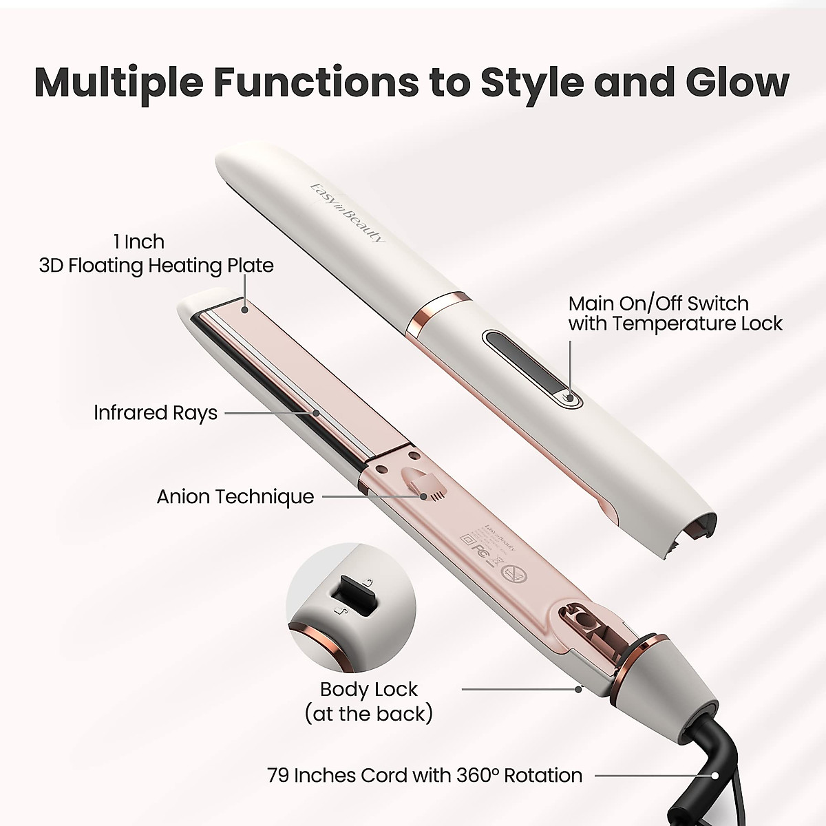 EasyinBeauty Hair Straightener Flat Iron with Ionic Infrared, 1 Inch Professional Hair Straightener and Curler 2 in 1, Ceramic Tourmaline Flat Iron with 5 Adjustable Temp, LED Display, Fast Heating