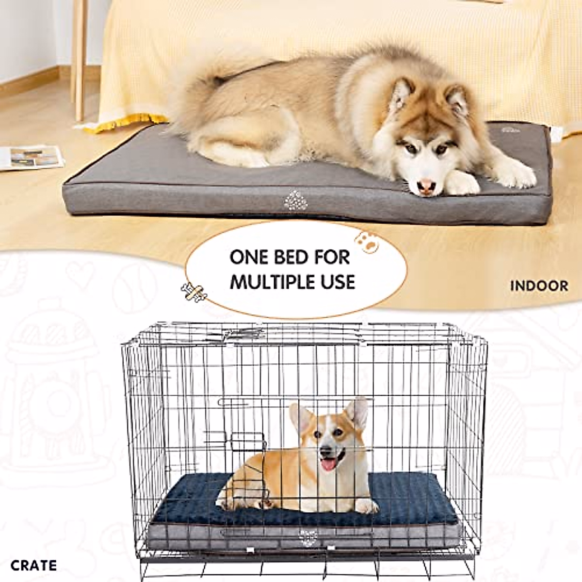 VANKEAN Dog Bed Soft Crate Pad Mat Reversible Cool & Warm, Washable Comfy Kennel Pad with Orthopedic Egg-Crate Foam for Small Medium Large Dogs, Water-Resistant Pet Bed, Gray/Dark Blue