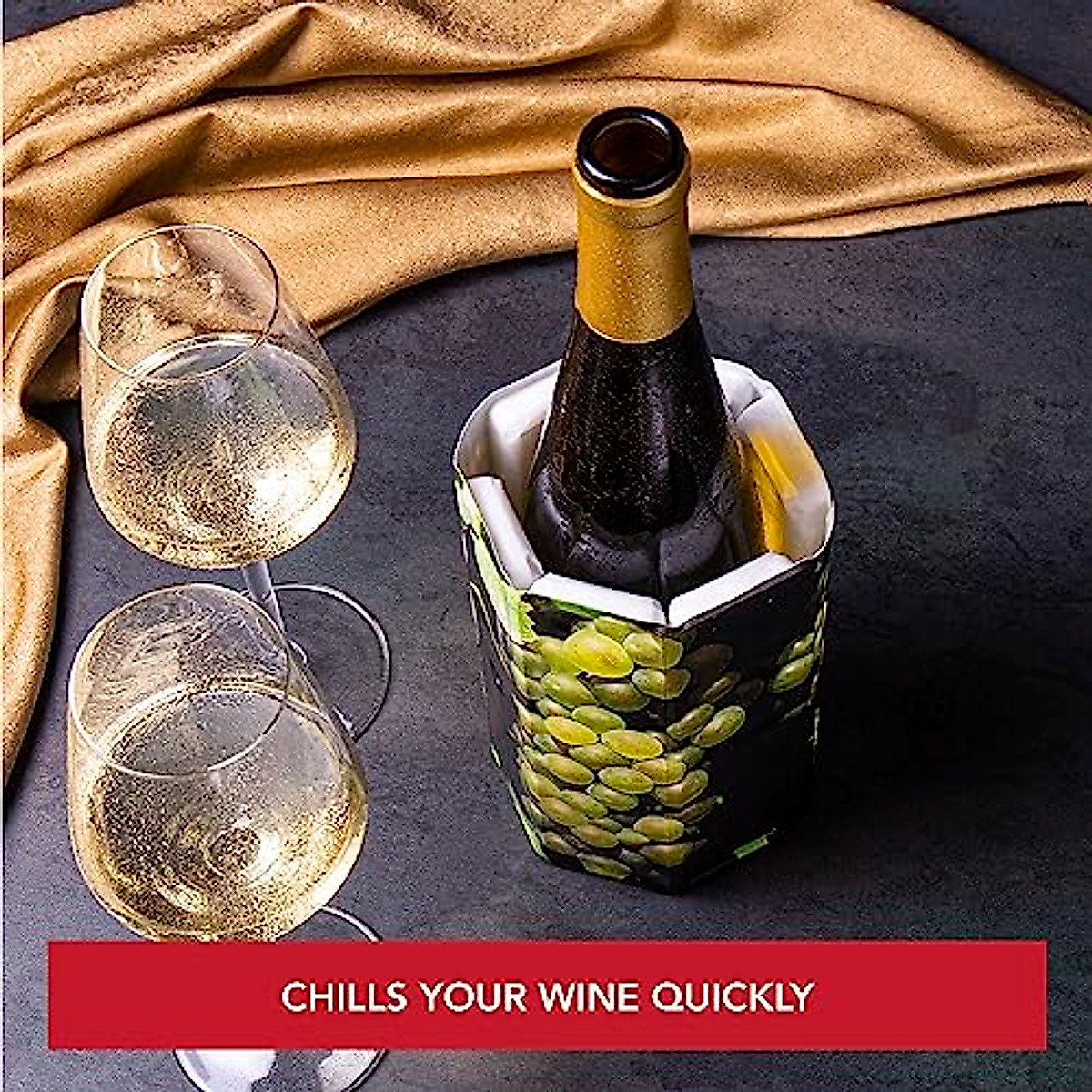 Vacu Vin Active Cooler Wine Chiller - Reusable, Flexible Wine Bottle Cooler - Wine Grapes Print - Wine Cooler Sleeve For Standard Size Bottles - Insulated Wine Bottle Chiller to Keep Wine Cold