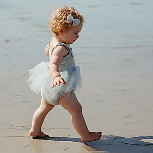 Meihuida Newborn Baby Girl Sleeveless Romper with Headband Summer Clothes Cotton Linen Bodysuit Tulle Tutu Skirt Blue 12-18 Months