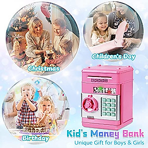 Refasy Piggy Bank for Girls Boys 4-11 Years Old, Christmas Birthday Gifts Toy for Kids Electronic ATM Money Bank for Adults Money Saving Box Safe Coin Bank Toy Pink