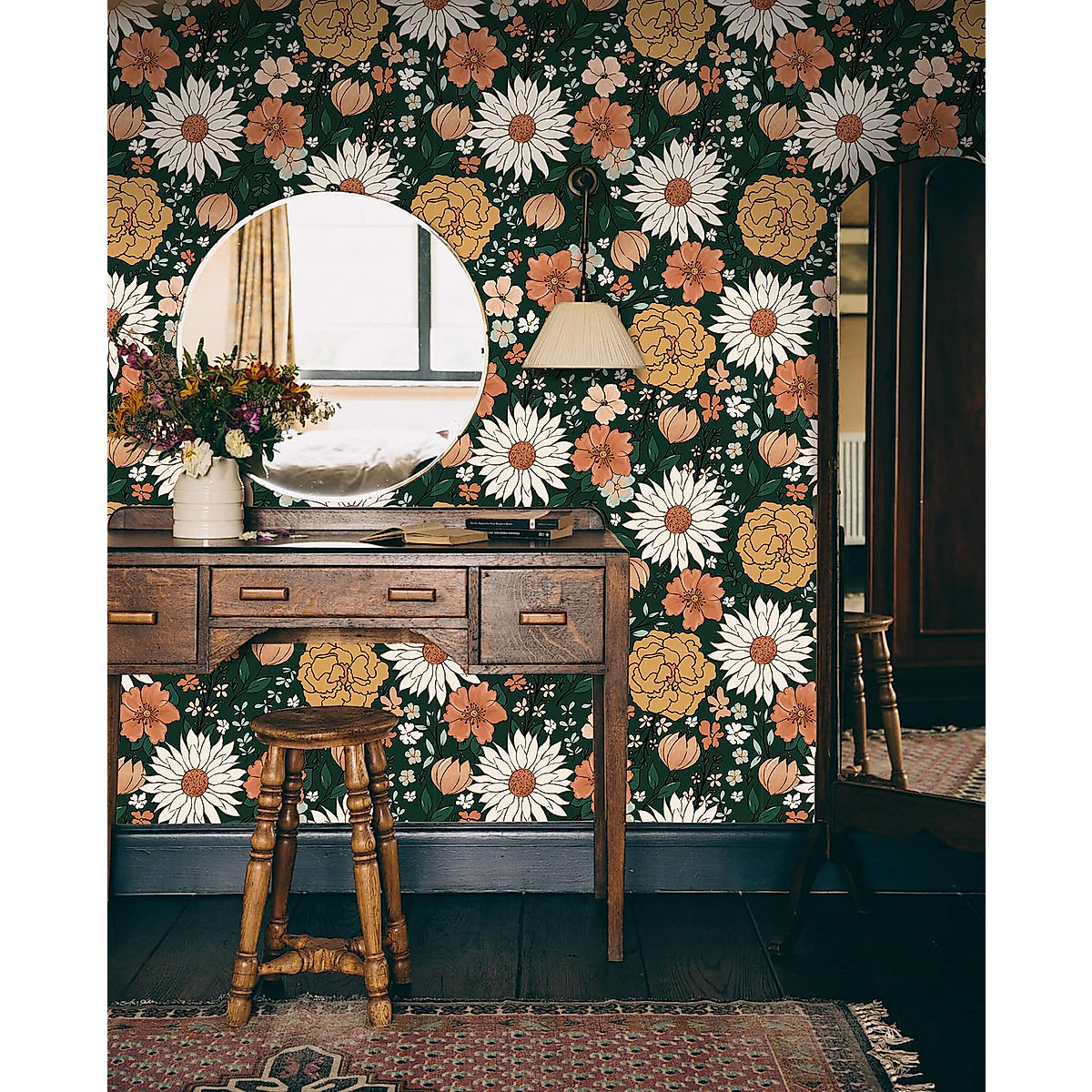 HAOKHOME Floral Peel and Stick Wallpaper Boho Wall Paper Vintage Removable for Bedroom Contact Paper Green/Terracotta 17.7in x 9.8ft