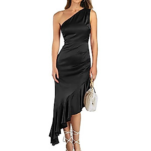 PRETTYGARDEN Women's 2023 Casual Summer Dress One Shoulder Sleeveless Ruffle Hem Wedding Guest Ruched Bodycon Maxi Dresses (Black,Medium)