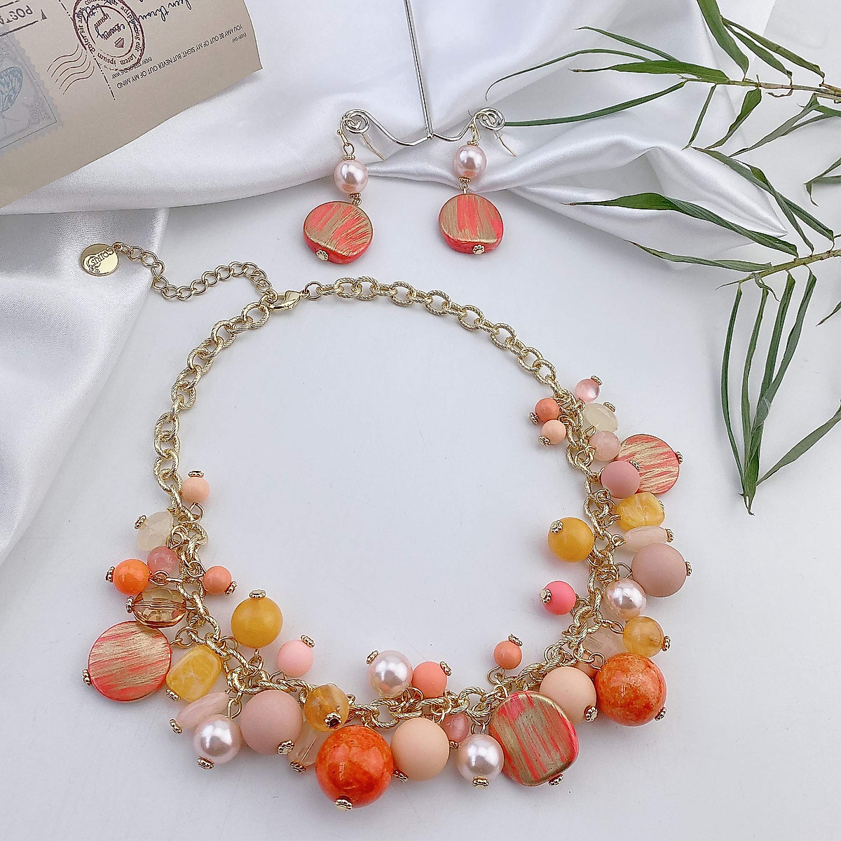 Coiris Women's Beaded Strand Statement Necklace Beads Collar (N0002-Coral Orange)