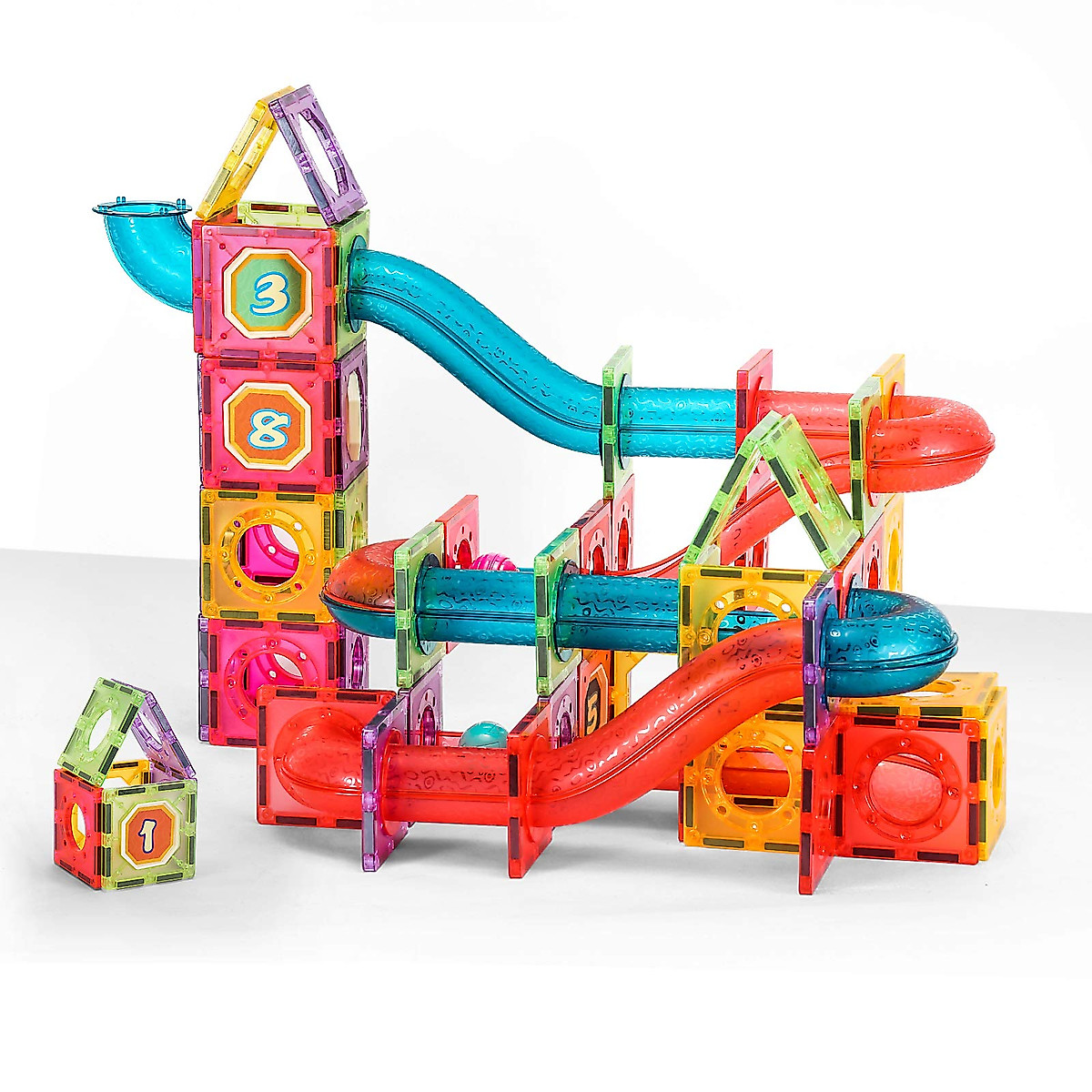 FUNTECH Magnetic Tiles, Magnetic Pipe Blocks, Marble Run STEM Building Set, 110Piece, GIft for Children Boys and Girls