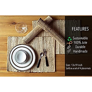 Chardin Home Eco-Friendly Natural Jute/Hemp Placemats 13''x''19, Set of 4 Natural/Beige Table Mats | Perfect for Holidays, Thanksgiving, Christmas, or Everyday Meals