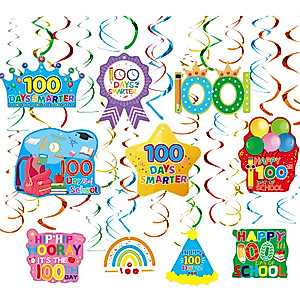 100 Days of School Hanging Swirls Happy 100 Days of Kindergarten School Foil Swirls Ceiling Hanging Decorations for Kids 30Pcs