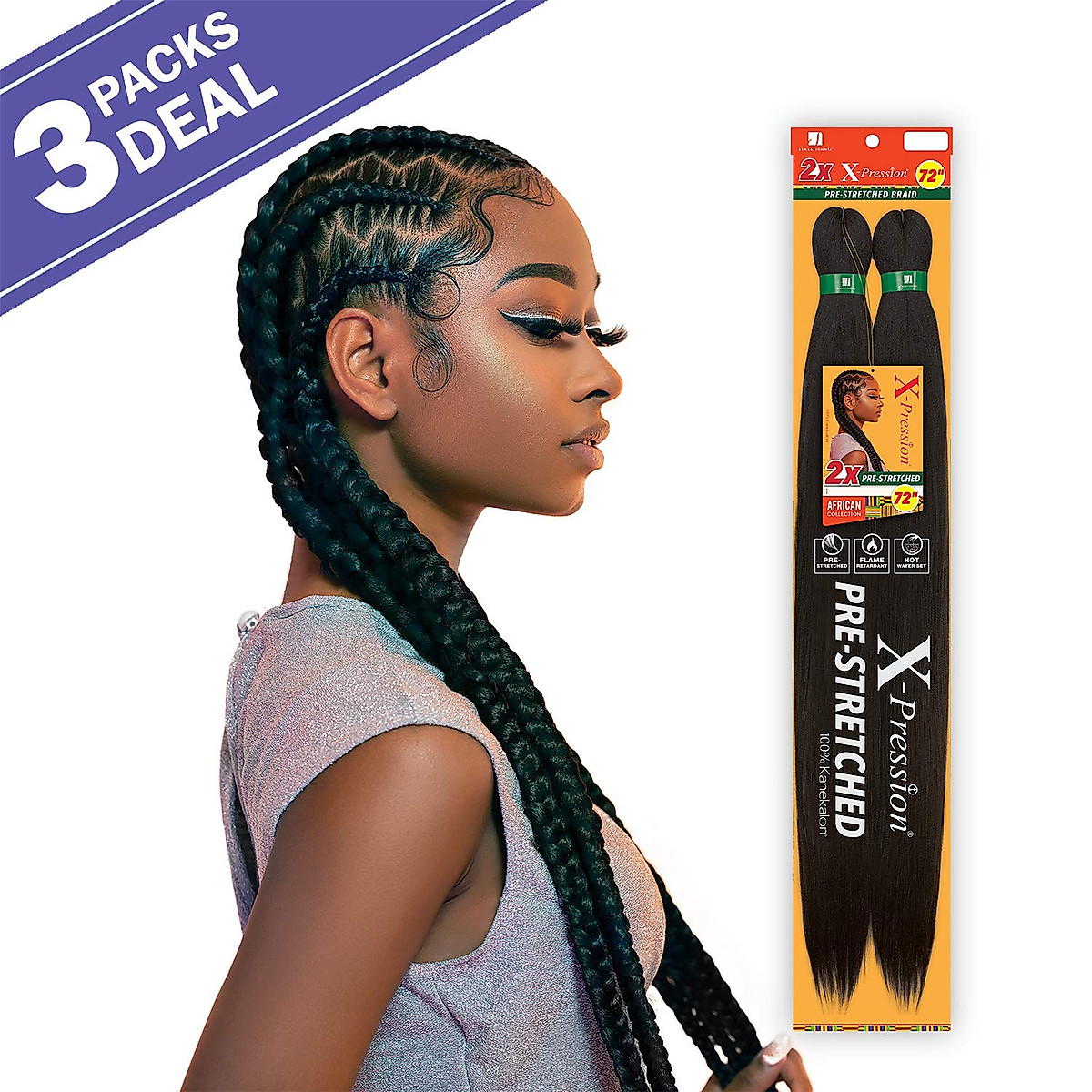 Sensationnal Braids XPRESSION 3X Pre-Stretched Braid 58 inches (3-pack, 1B)