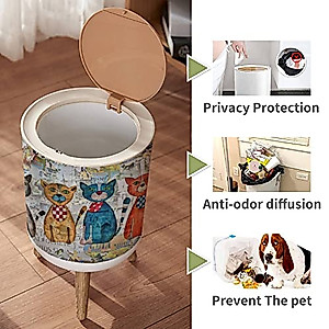 IBPNKFAZ89 Small Trash Can with Lid Cats Watercolors on Paper Garbage Bin Wood Waste Bin Press Cover Round Wastebasket for Bathroom Bedroom Kitchen 7L/1.8 Gallon, 8.66x14.3inch