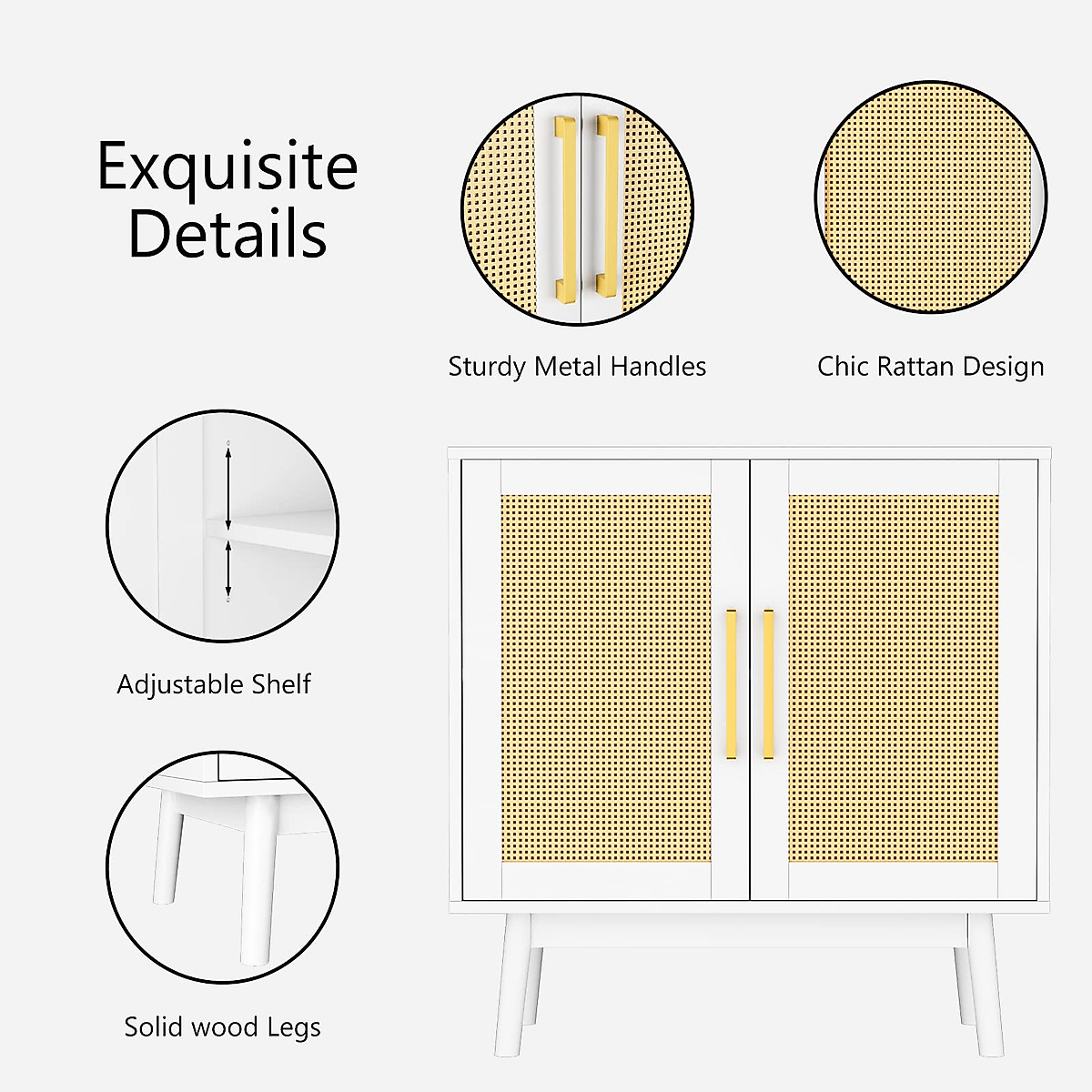 LYNSOM Sideboard Buffet Cabinet with Storage, Kitchen Buffet Cabinet with Rattan Doors and Adjustable Shelf, Small Storage Cabinet with Solid Wood Feetfor Hallway, Entry, Living Room, White