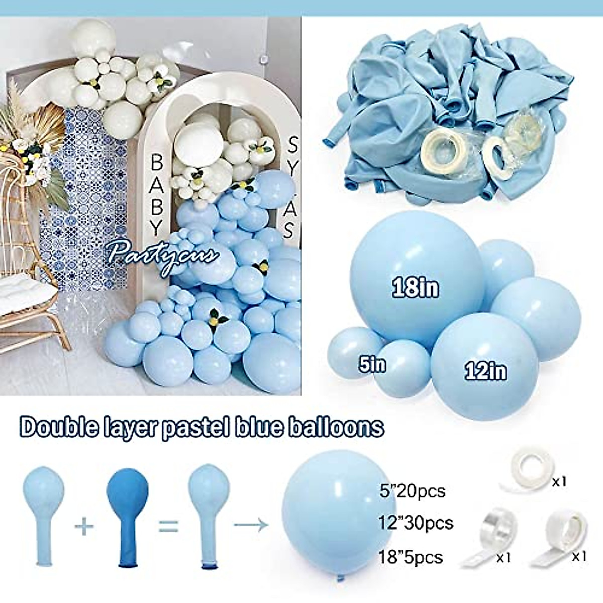 Pastel Baby Blue Balloons - Double Stuffed Light Blue Balloon Garland Arch Kit Different Sizes for Baby Shower Gender Reveal Birthday Party Decoration